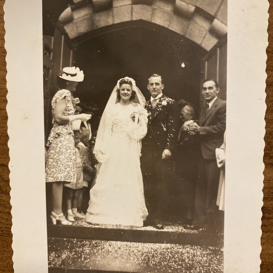 Vintage 1940s Wedding Just Married Church Steps Real Photograph Bride ...