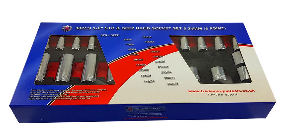 38PC 3/8" CHROME SOCKET SET STANDARD & DEEP HEX SOCKETS 6-24MM BRITOOL ...