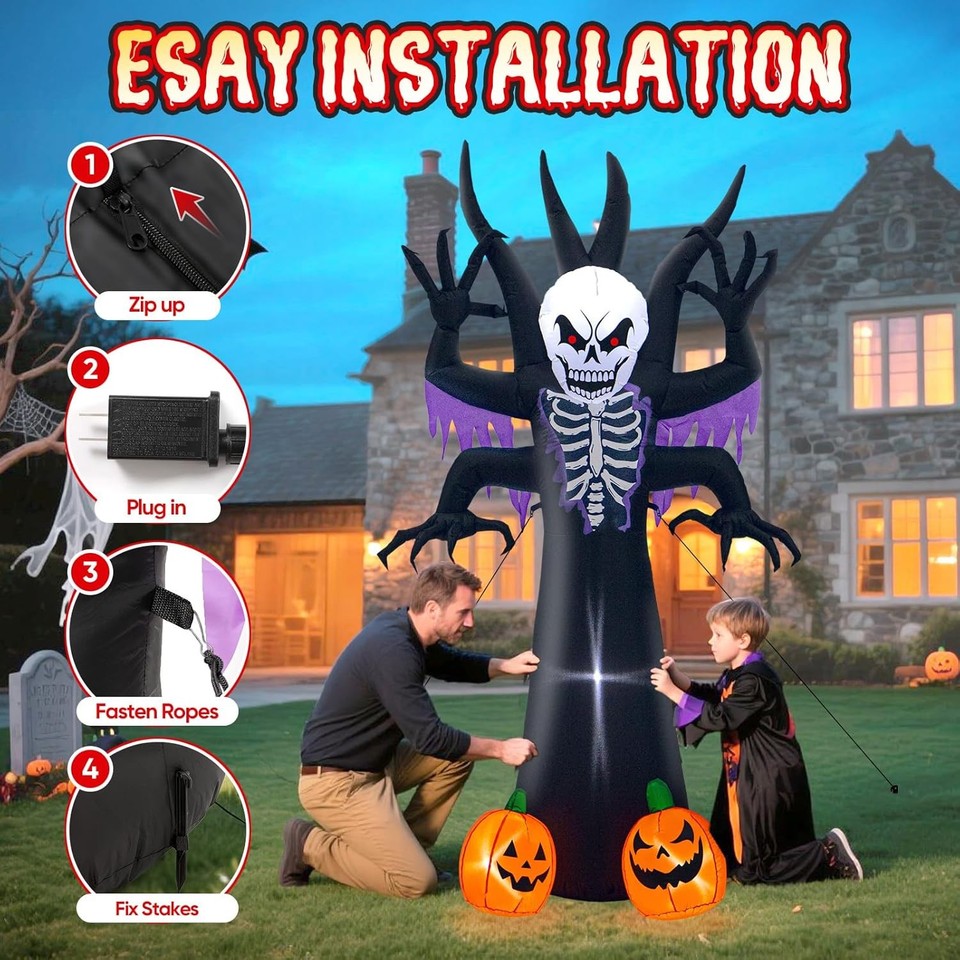 8FT Halloween Inflatables Skeleton Tree - Creepy Face Grim Reaper Blow ...