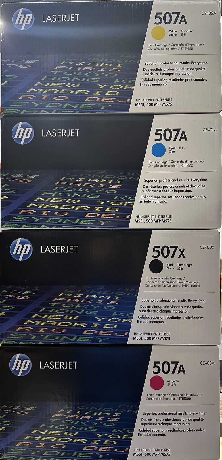 New Genuine HP LaserJet 507A Set of 4 Toners CMYK CE400X, CE401A ...