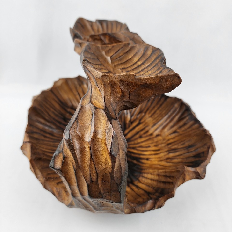 Vintage Hand Carved BURL WOOD Rustic Leaf Shaped Basket With Handle ...