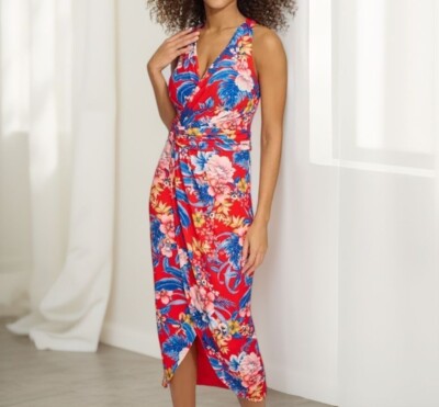 Siena Womens Floral Printed Side Ruched Sleeveless Midi Dress Red Multi ...