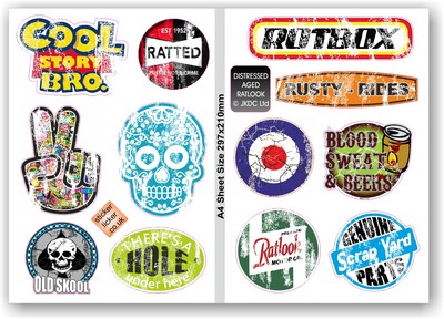 A4 Sheet Retro Aged Distressed Worn Set of 12 Ratlook Vinyl Car sticker ...
