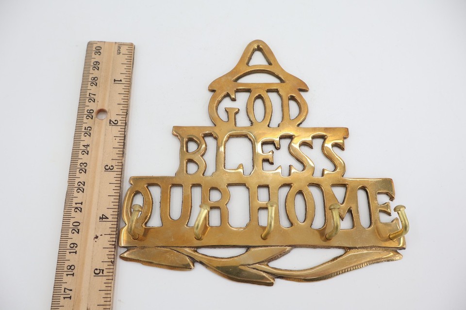 Vintage Brass “God Bless Our Home” Wall Hook Key Holder Rack Religious ...