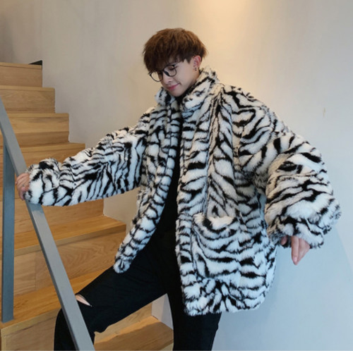 Men's Faux Fur Jacket Vintage Tiger Stripes Mid-length Lapel Loose ...