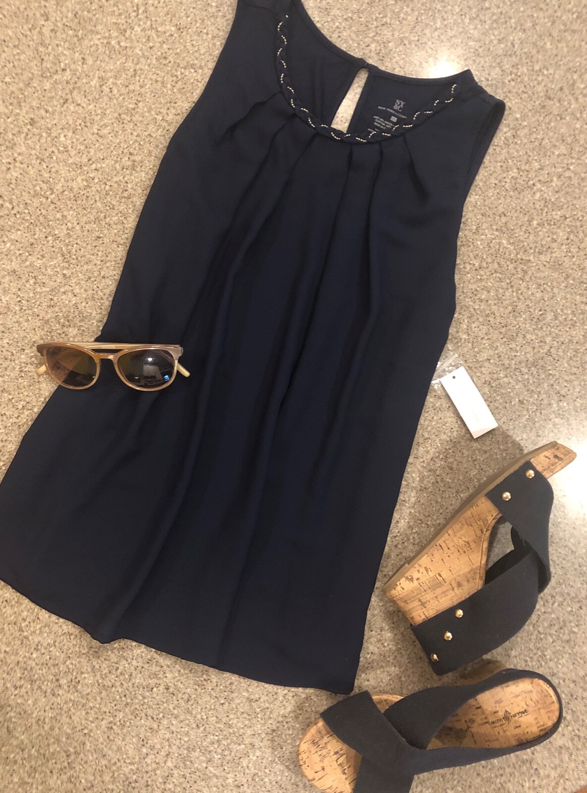 New York & CO ~ New! Navy Knit Tank Chiffon Overlay Pleated/Beaded Neck ...