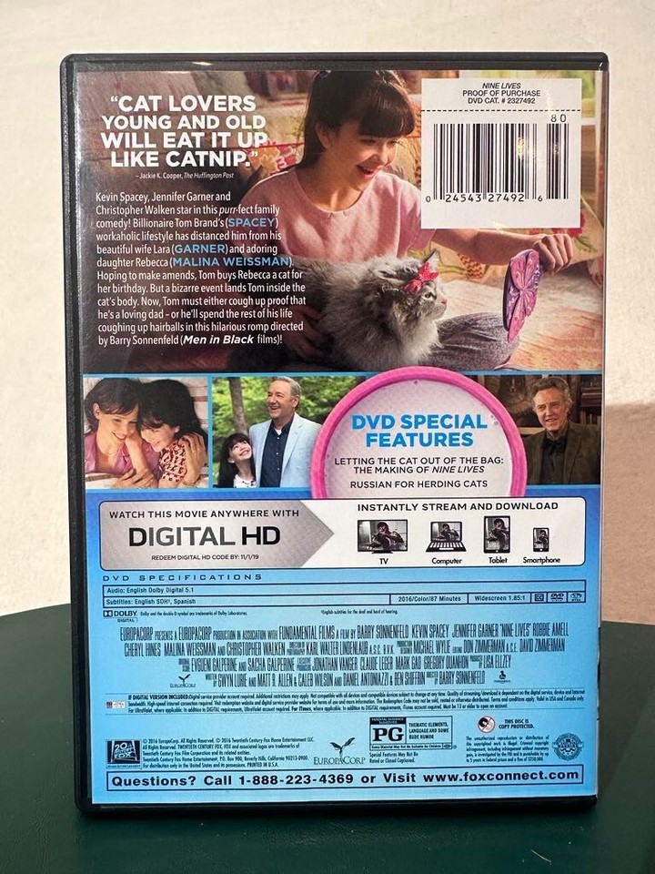 Nine Lives DVD + Digital HD Family Comedy Movie Kevin Spacey Cat ...