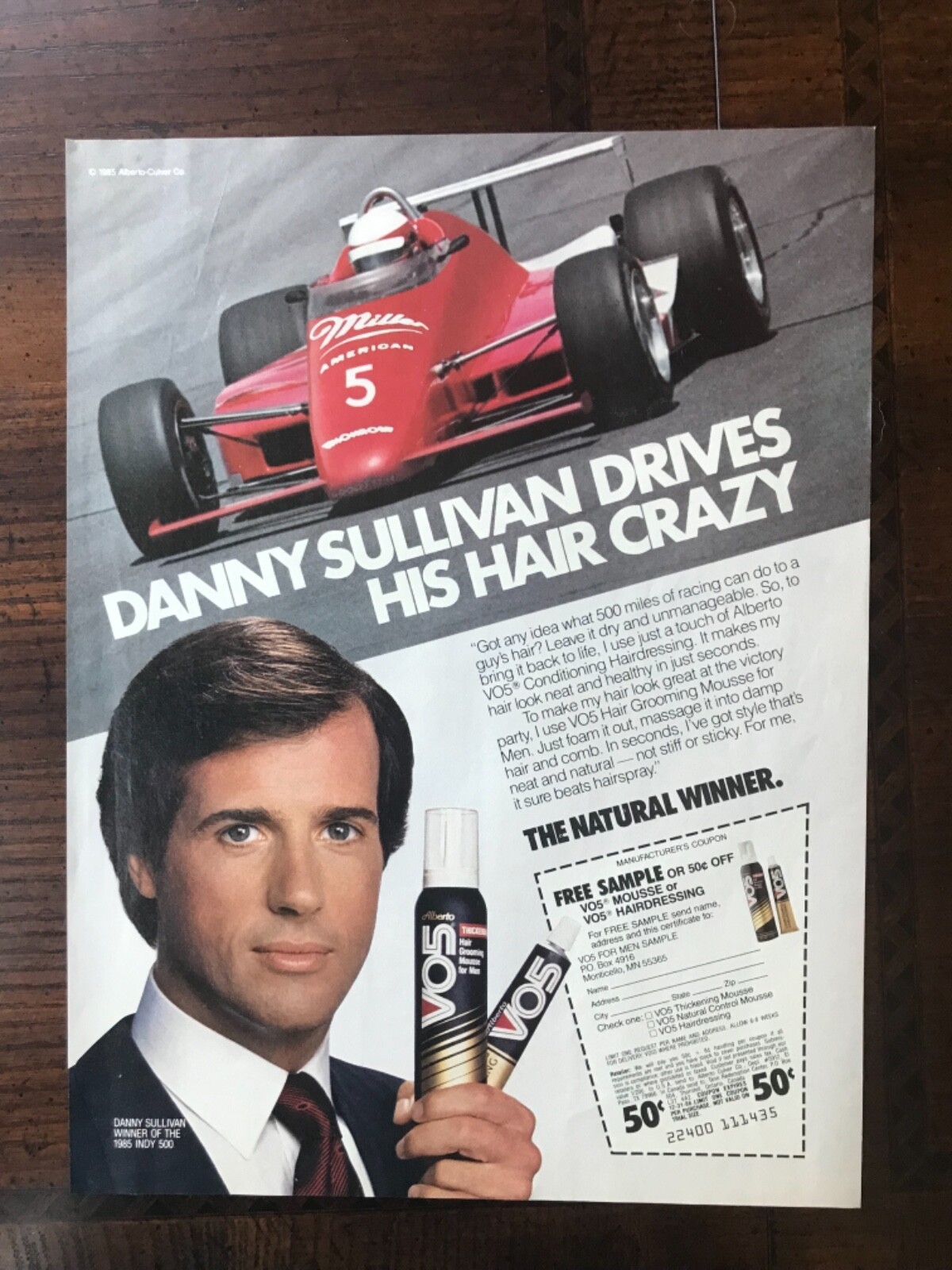 1986 vintage original print ad V05 Hair Mousse W/ Indy 500 Danny ...