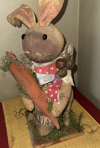 Grunged Hand Made Primitive Bunny Rabbit Carrot FEED SACK Easter Spring ...