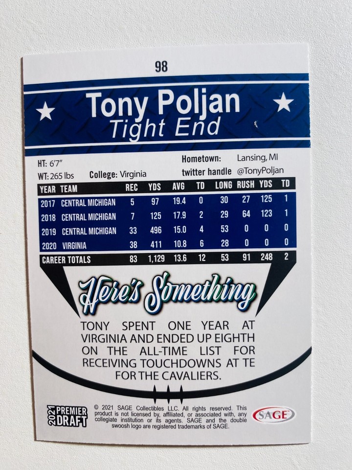 2021 SAGE #98 TONY POLJAN ROOKIE NM-MT NFL FOOTBALL CARD | eBay