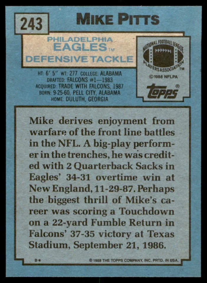 1988 Topps Mike Pitts Philadelphia Eagles #243 | eBay