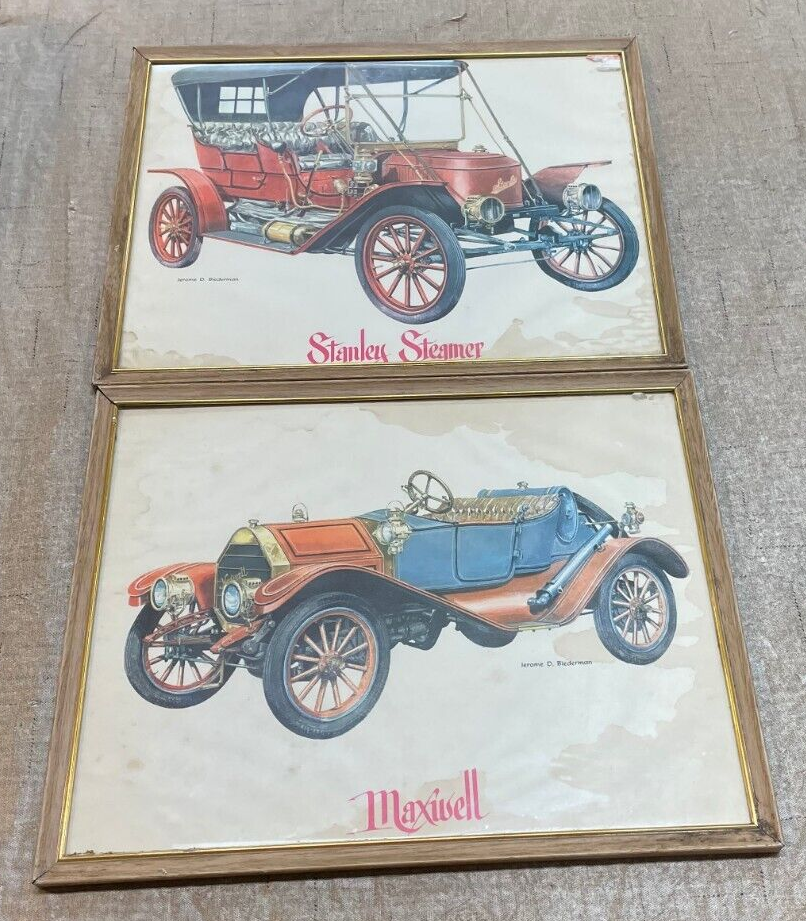 2 VIntage Jerome D Biederman Framed Stanley Steamer & Maxwell Car ...