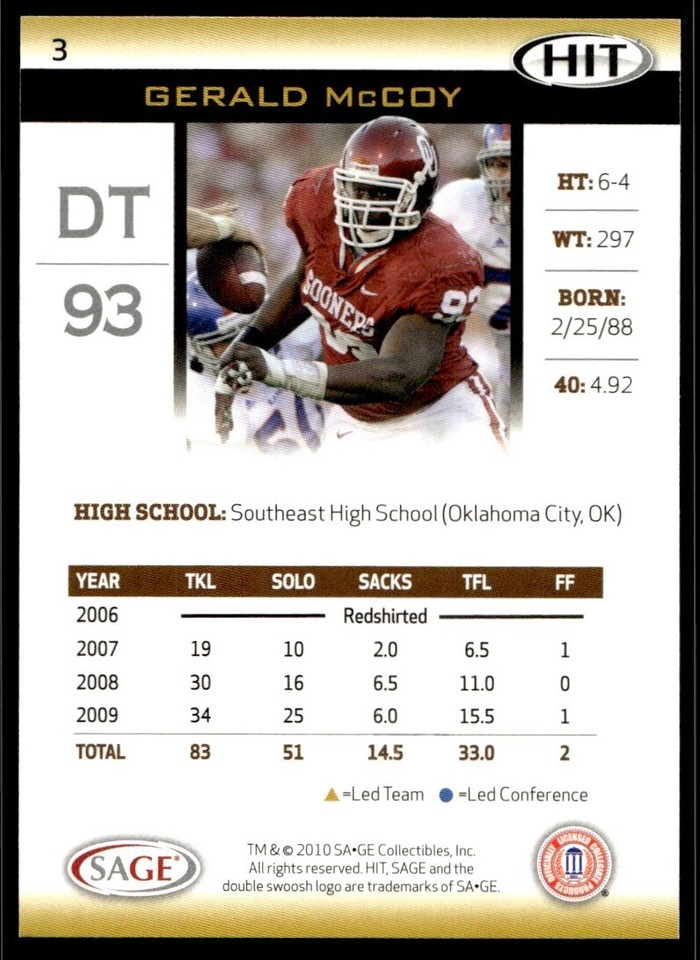 2010 Panini Prestige NFL Draft Gerald McCoy Rookie G18 Oklahoma Sooners ...