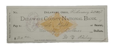 1878 Bank Check: Delaware County National Bank, Delaware, OH - W.Y ...