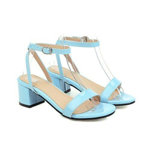 Womens Peep Toe Ankle Strappy Sandals Mid Low Block Heel Shoes Plus Sz