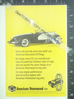 1967 AD for American Hammered piston oil rings with 1933 Duesenberg ...