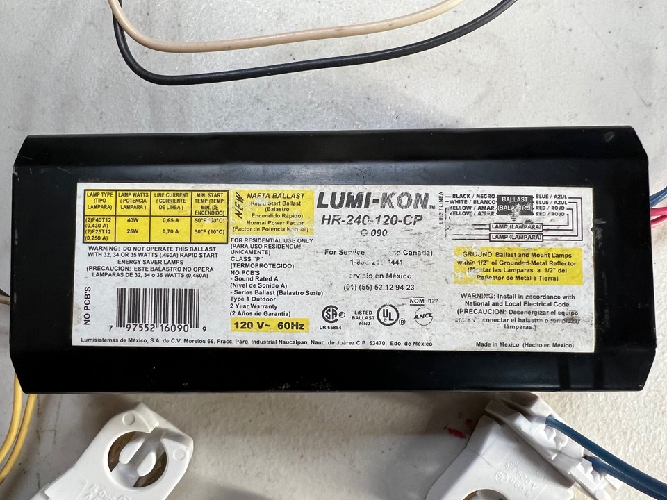 Lumi -Kon Electronic Ballast 120V 60Hz 0.58Amps w/ fluorescent fixture ...