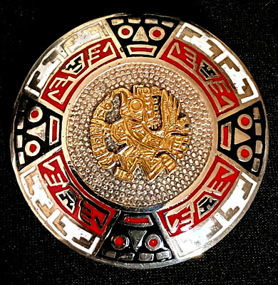 AZTEC ENAMEL MEDALLION PIN 18K GOLD STERLING SILVER .925 PENDANT GRAMS ...