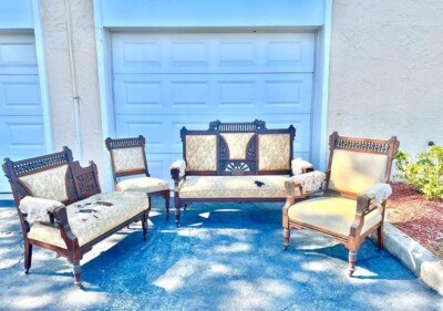 4 Piece 1880s Victorian Parlor Furniture Set, Solid Walnut, Sofa, Couch ...