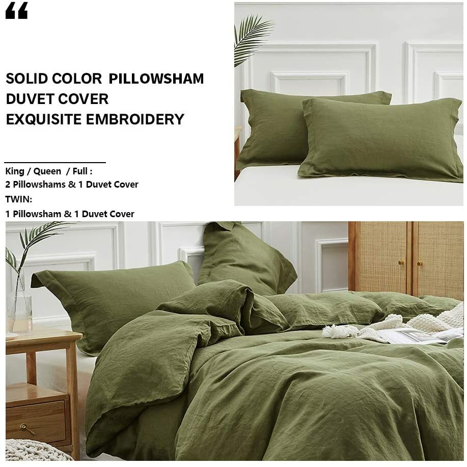 Olive Green color 3 Pcs Set Stonewashed Linen Bedding Duvet Linen Duvet ...