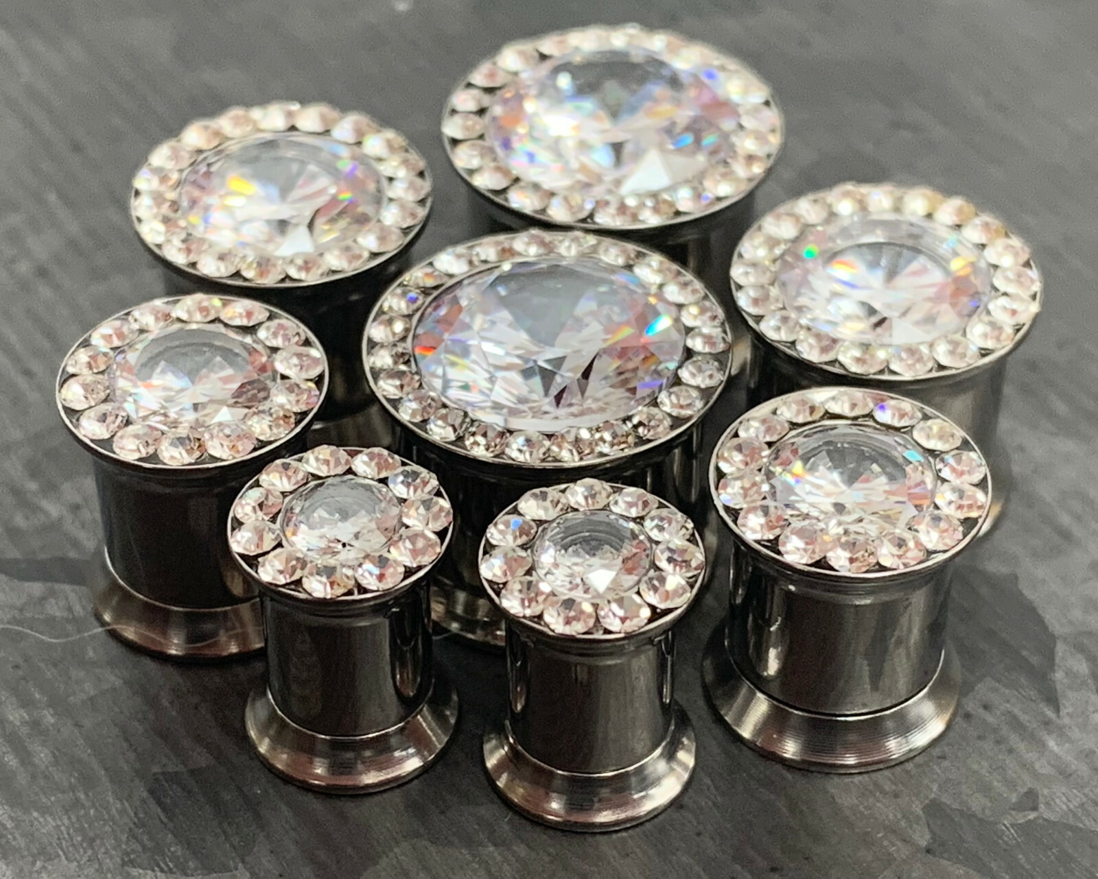 PAIR Large Gem w/Gem Rim Bling Internally Threaded Double Flare Tunnels ...