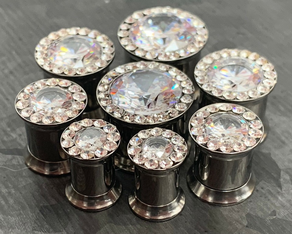 PAIR Large Gem w/Gem Rim Bling Internally Threaded Double Flare Tunnels ...