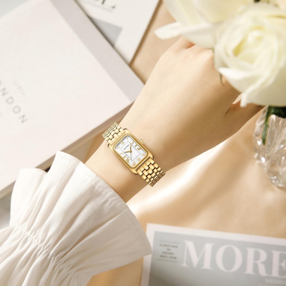 Watches for Women Vintage Bracelet Roman Dial Rectangular Case Gold ...