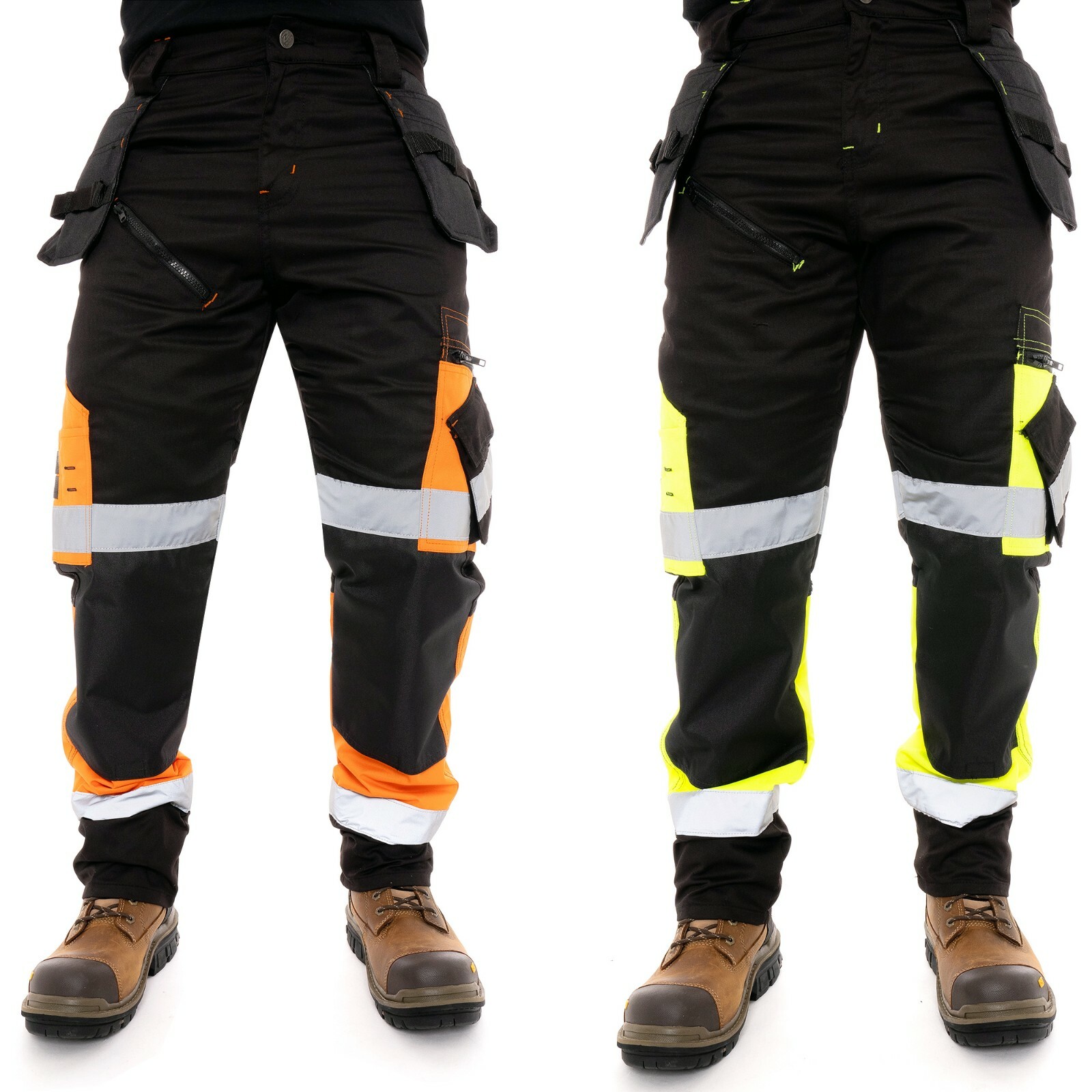 Mens Cargo Combat Work Pants Hi Viz Utility Trousers Holster & Knee Pad ...