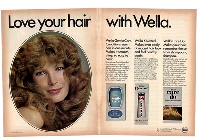 vintage 1970s 2 page mag print ad "Love your hair with Wella." Shampoo ...