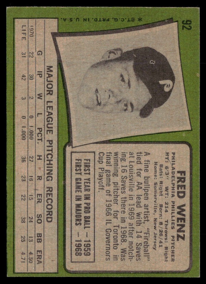 Fred Wenz 1971 Topps #92 EX No Crease | eBay