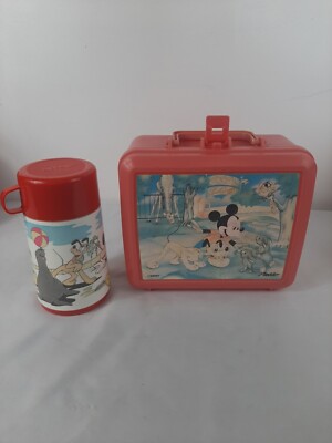 Vtg Aladdin Disney Mickey Mouse Pluto City Zoo Red Plastic Lunch Box ...