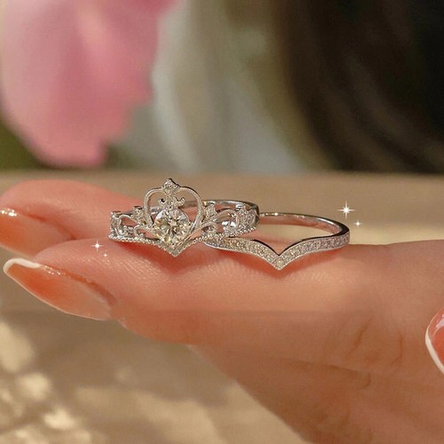 2PCS Exquisite Retro Silver Color Inlaid White Zircon Heart Crown ...