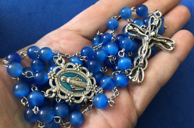 Med Blue Cats Eye Glass Rosary Miraculous 5 Decade Handmade 8mm OLO ...