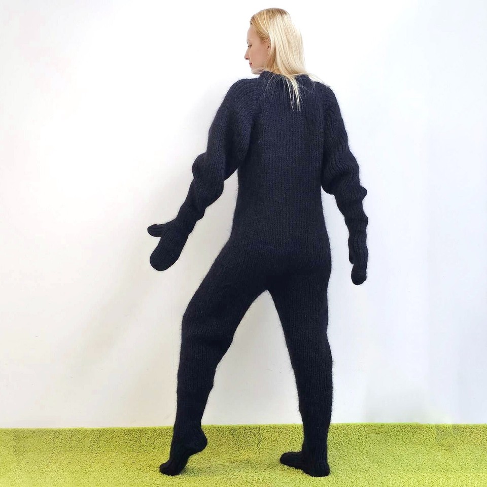 Black catsuit thick fuzzy mohair overall mittens socks separate ...