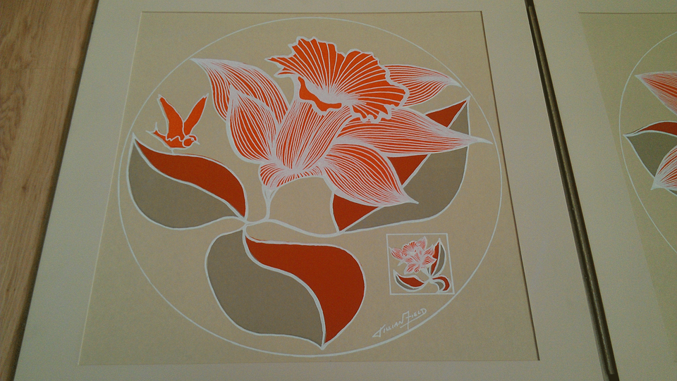 Vintage Jillian Field Orange White Flowers Birds Serigraph Art Signed ...