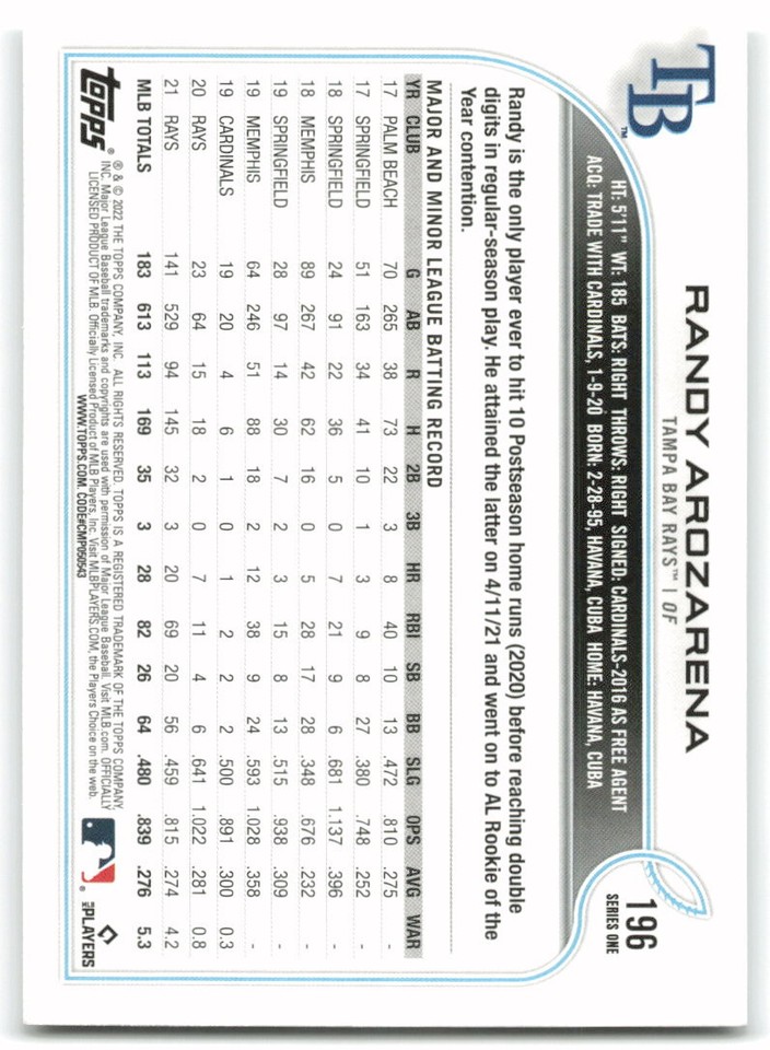 2022 Topps #196 Randy Arozarena All Star Rookie Gold Cup Tampa Bay Rays ...