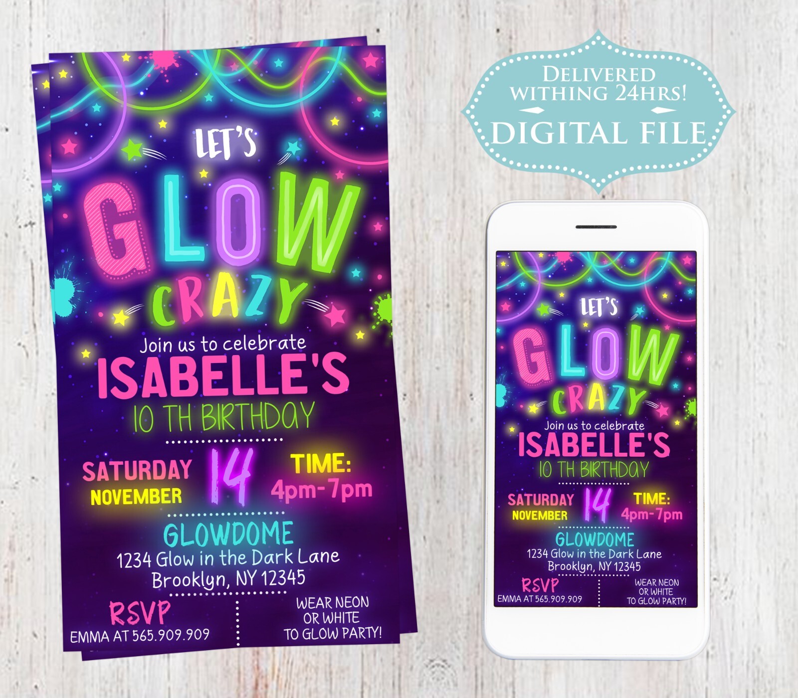Neon Glow In The Dark Party Invitations