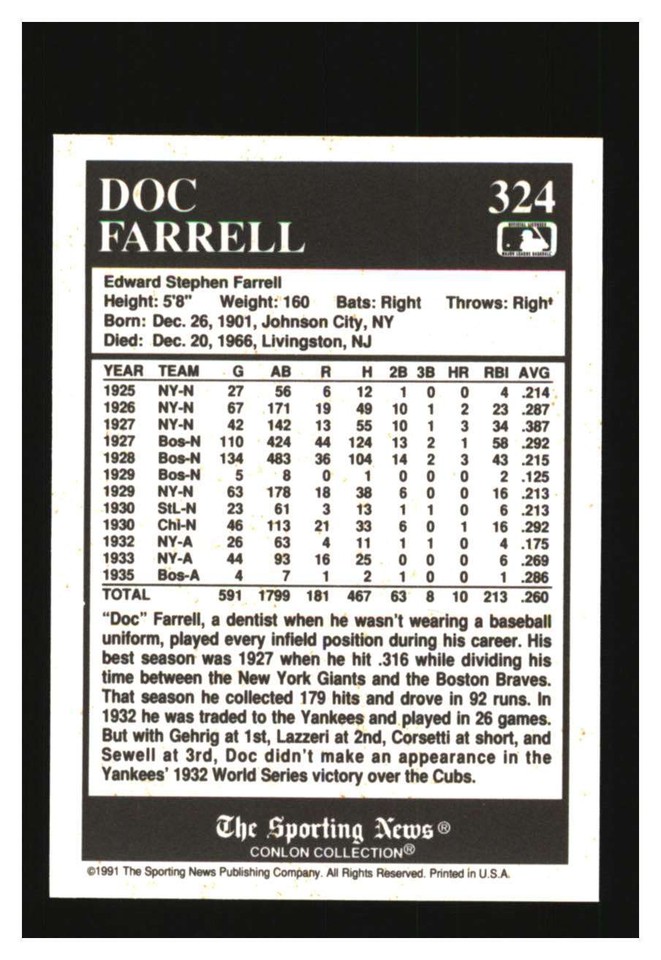 1991 Conlon Collection #324 Doc Farrell New York Giants NM-MT | eBay