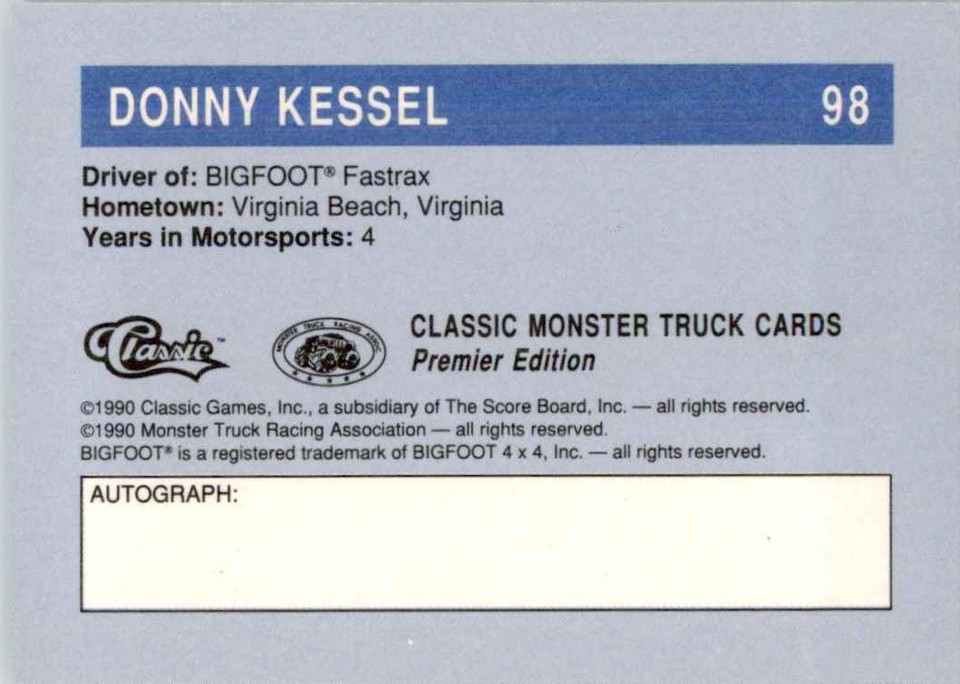 1990 Classic Monster Trucks Donny Kessel Bigfoot Fastrax #98 | eBay