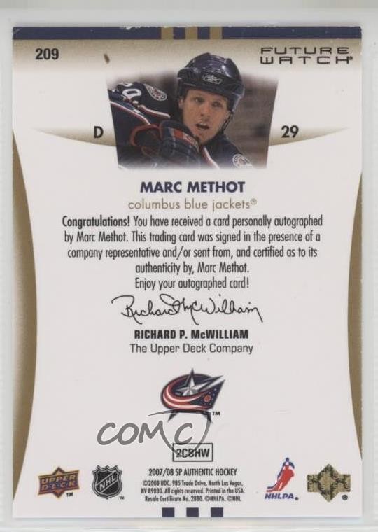 2007-08 SP Authentic Auto Future Watch /999 Marc Methot #209 Rookie ...