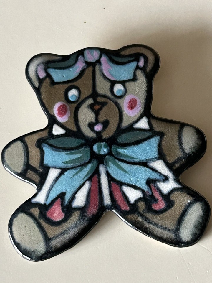 VINTAGE CERAMIC Large CHRISTMAS Brown BEAR Bow BROOCH PIN MVB 84 Hand ...