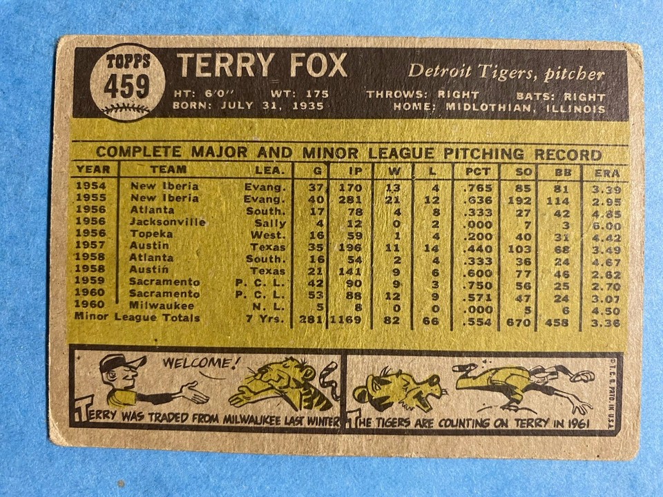 1961 Topps - Terry Fox #459 (RC) Rookie Detroit Tigers Baseball Card | eBay