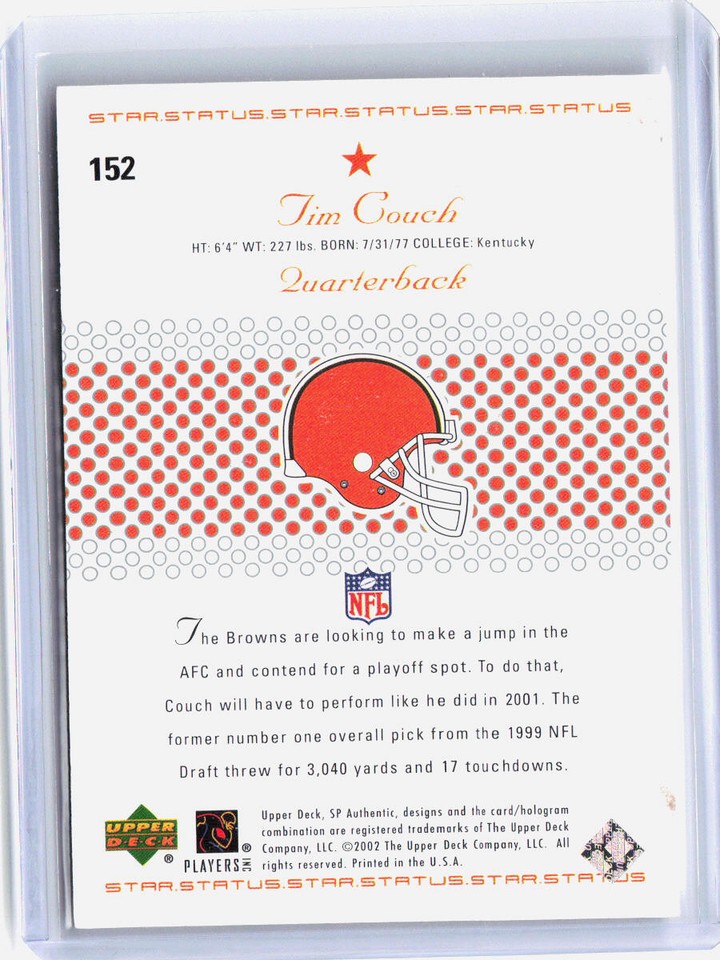 2002 SP Authentic #152 Tim Couch Star Status #'d /1150 | eBay