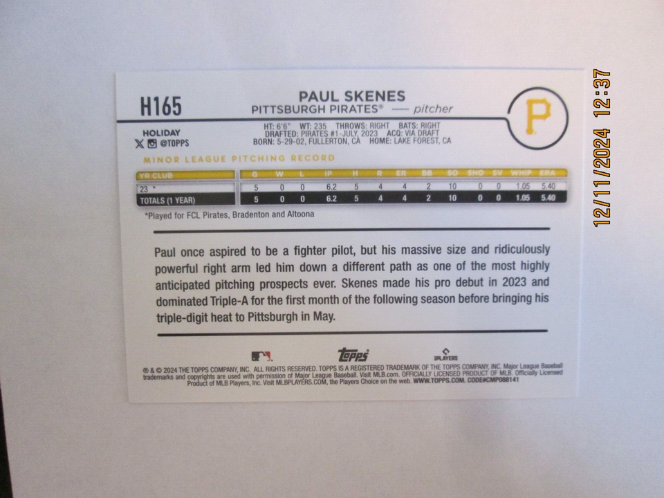 PAUL SKENES PIRATES 2024 T0PPS HOLIDAY MEGA BOX ROOKIE CARD #H165 | eBay