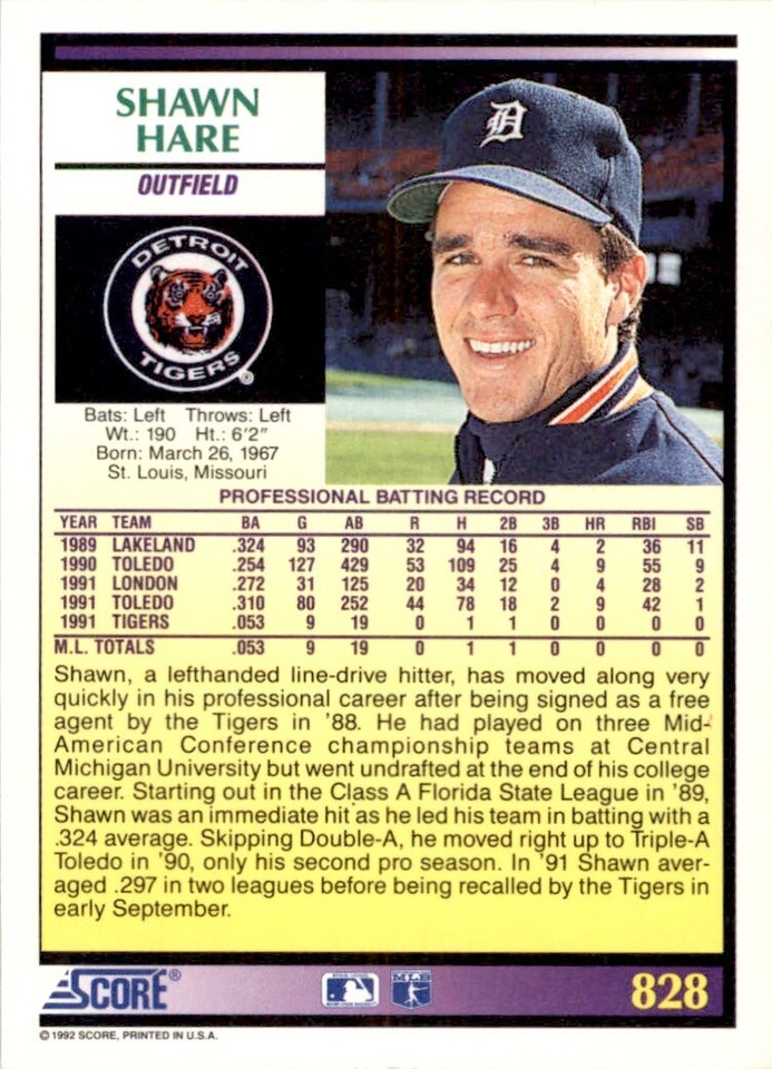 1992 Score Shawn Hare (1) RC Detroit Tigers #828 Baseball Card | eBay