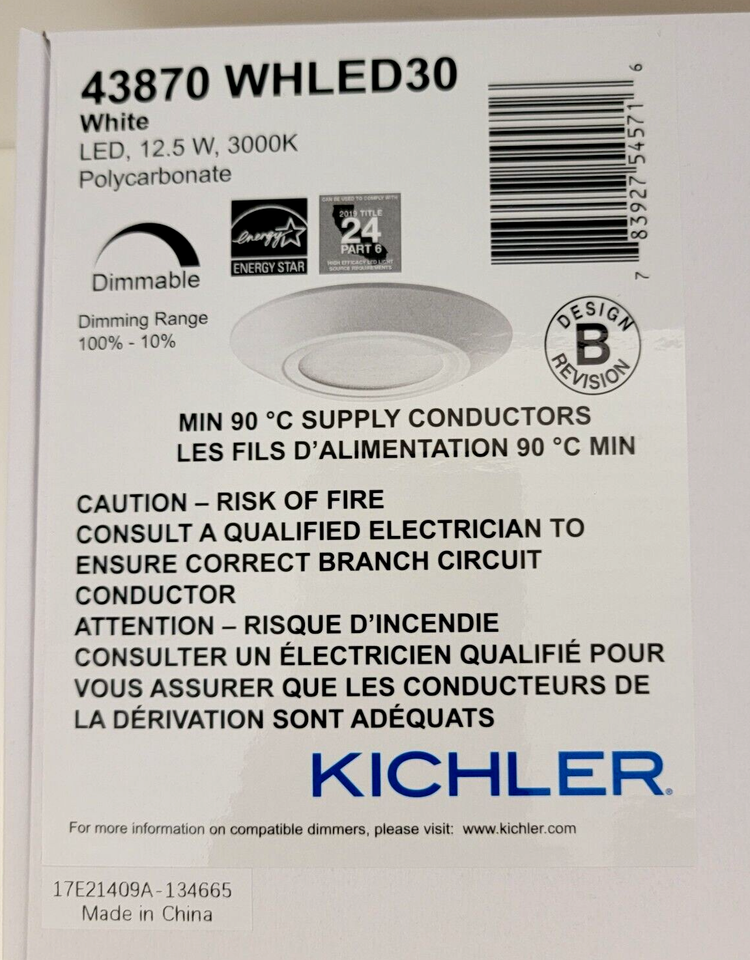 2 pk KICHLER 43870 WHLED30 WHITE LED 12.5 W, 3000K 6 " Dimmable ...