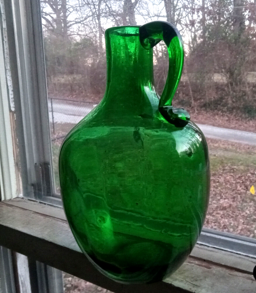 GREEN PONTILED FREE BLOWN GLASS JUG W/APPLIED HANDLE DELL CO BRIDGETON ...