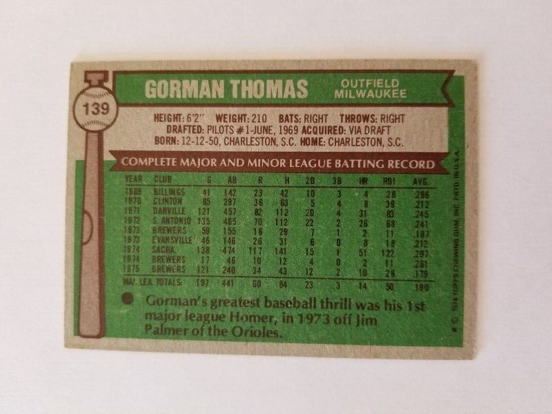GORMAN THOMAS 1976 TOPPS BASEBALL CARD # 139 MILWAUKEE BREWERS | eBay