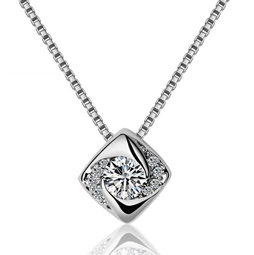Rhombus Pave Cubic Zirconia Silver Tiny Square Pendant Chain Necklace ...
