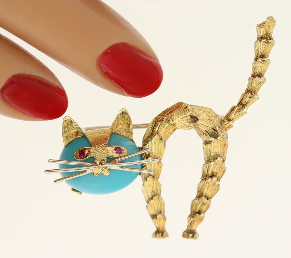 Vintage Ruby Turquoise Cat Pin Brooch Pendant 9.55CT 18K YG 1 13/16 ...